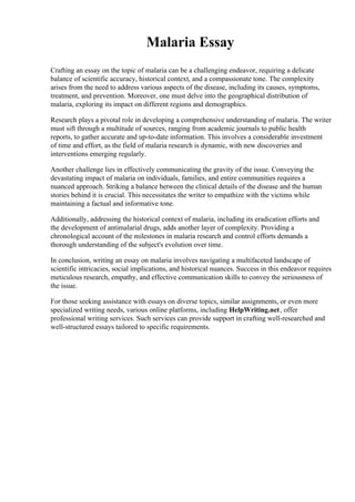 Malaria Essay. University of Valley Forge | PDF | Diseases and Conditions | Medical Health