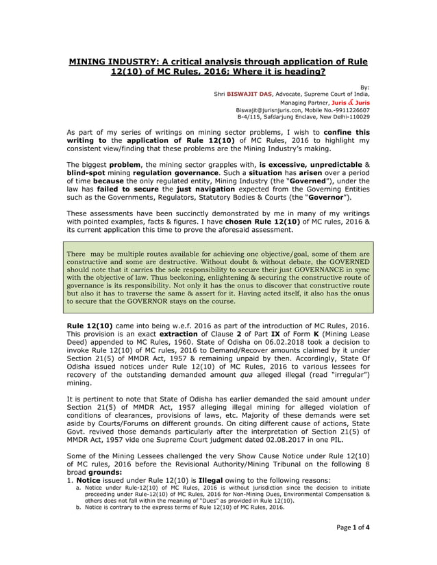 MINING INDUSTRY: A critical analysis through application of Rule 12(10 ...