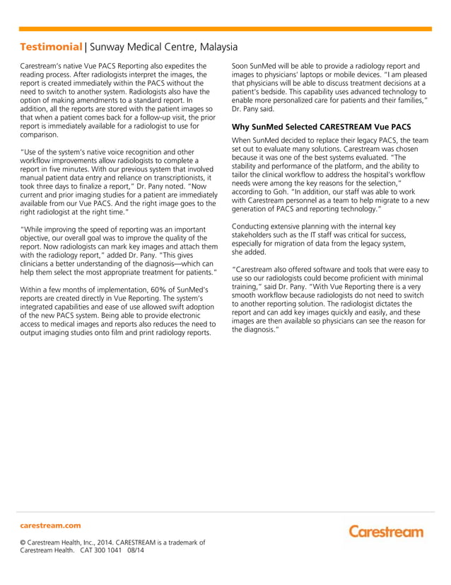 Sunway Medical Centre Installs CARESTREAM Vue PACS to Streamline ...