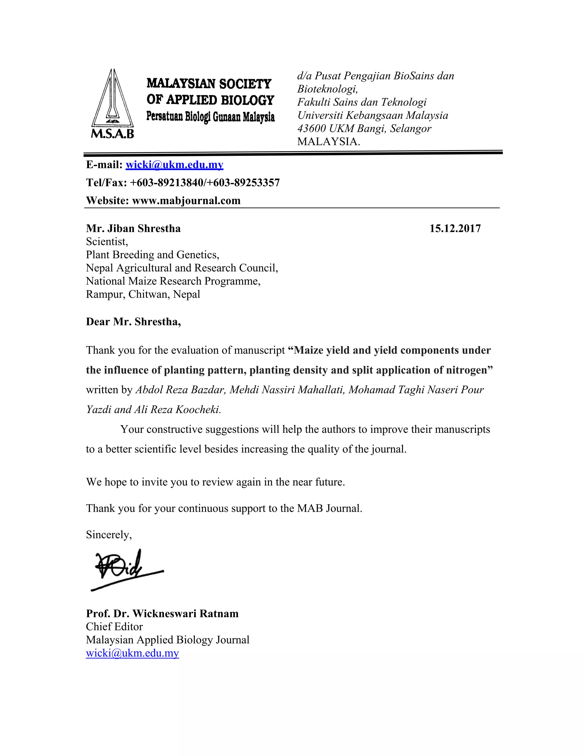 Acknowledgement Letter from Malaysian applied biology journal for Jiban ...