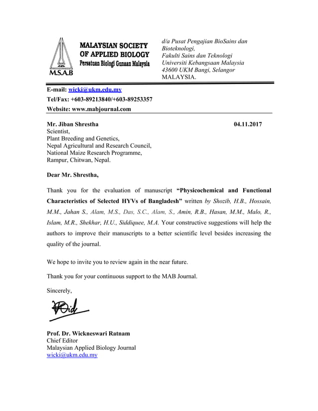 Acknowledgement Letter from Malaysian applied biology journal for Jiban ...