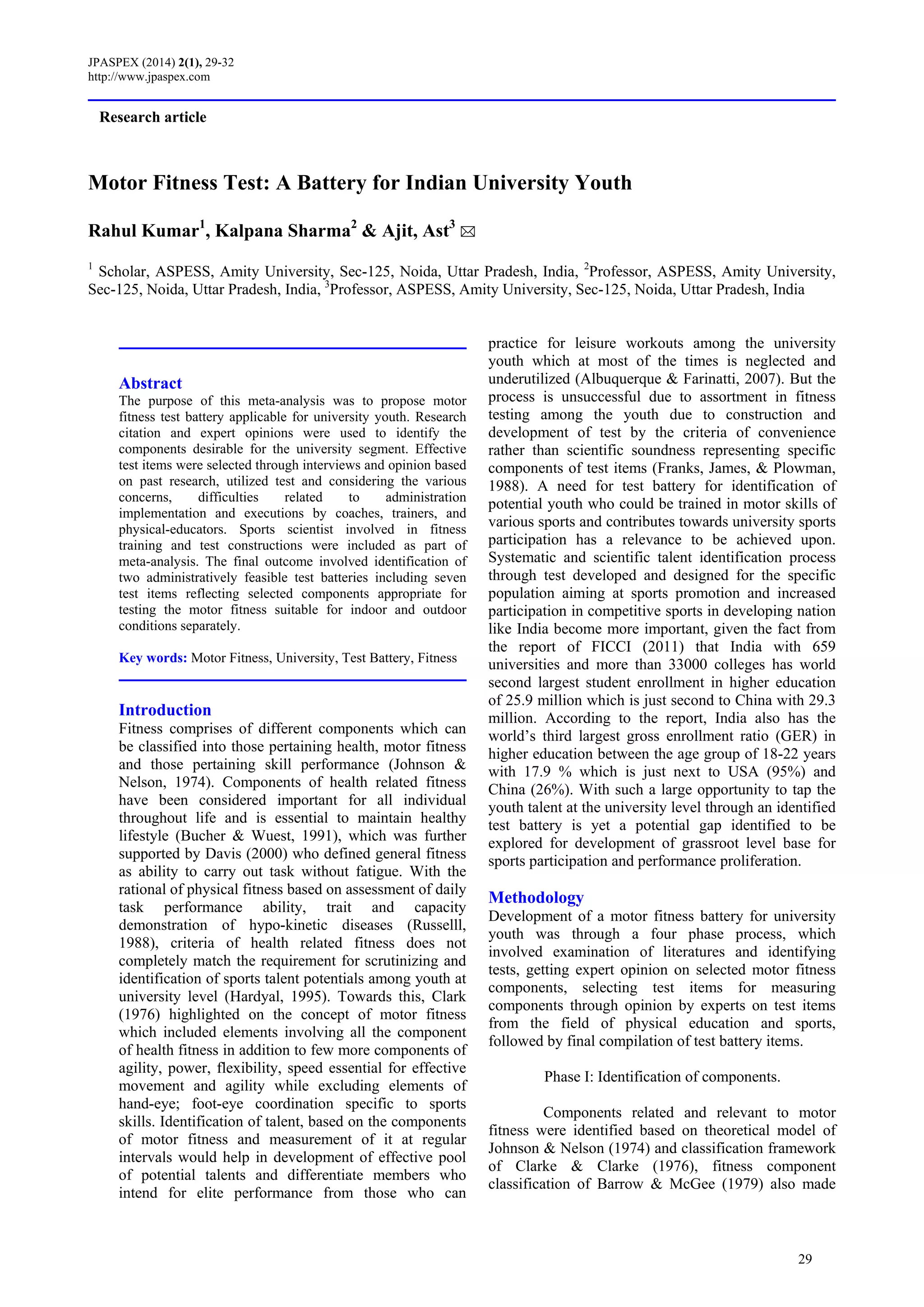 Motor Fitness Test: A Battery for Indian University Youth | PDF