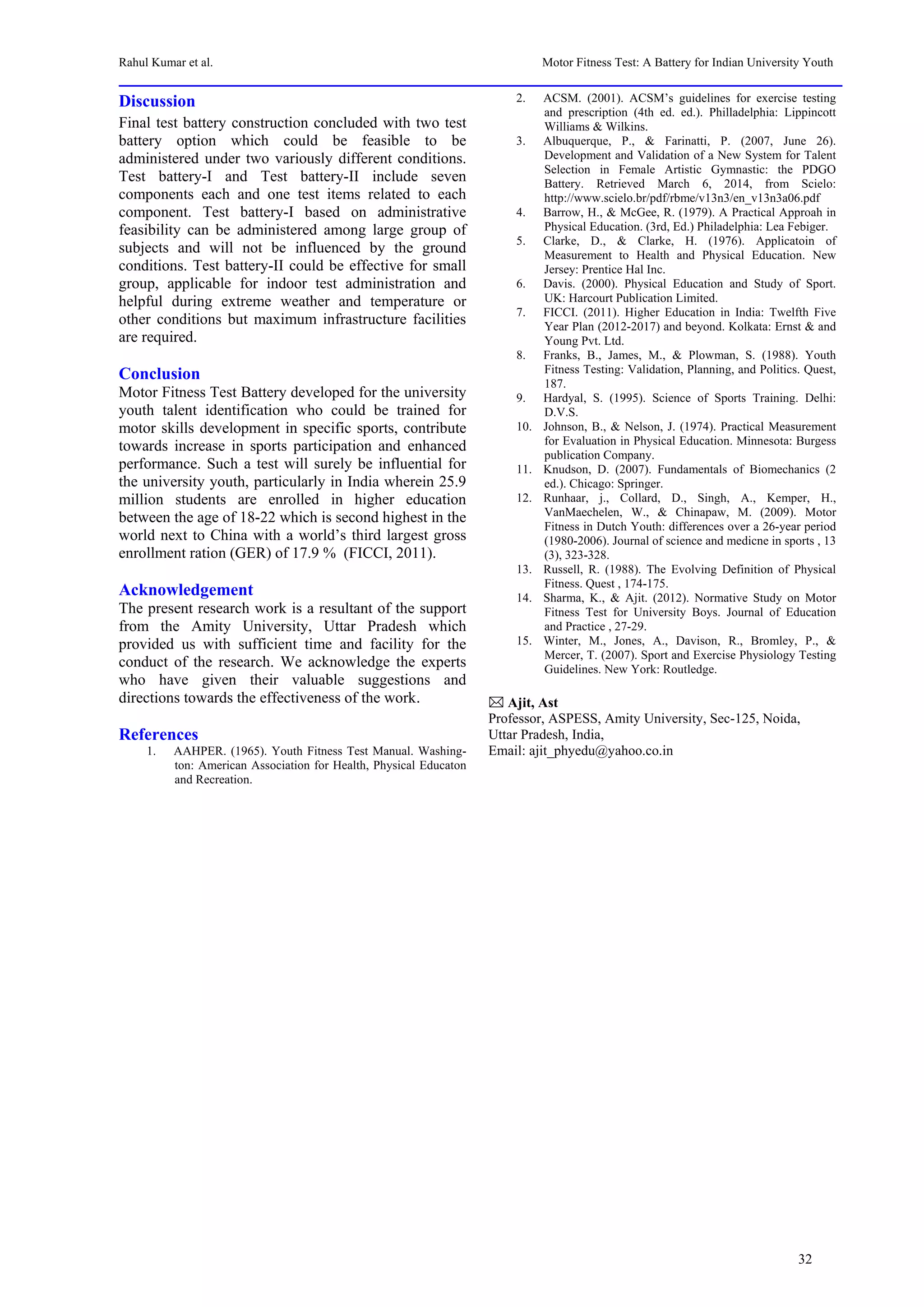 Motor Fitness Test: A Battery for Indian University Youth | PDF
