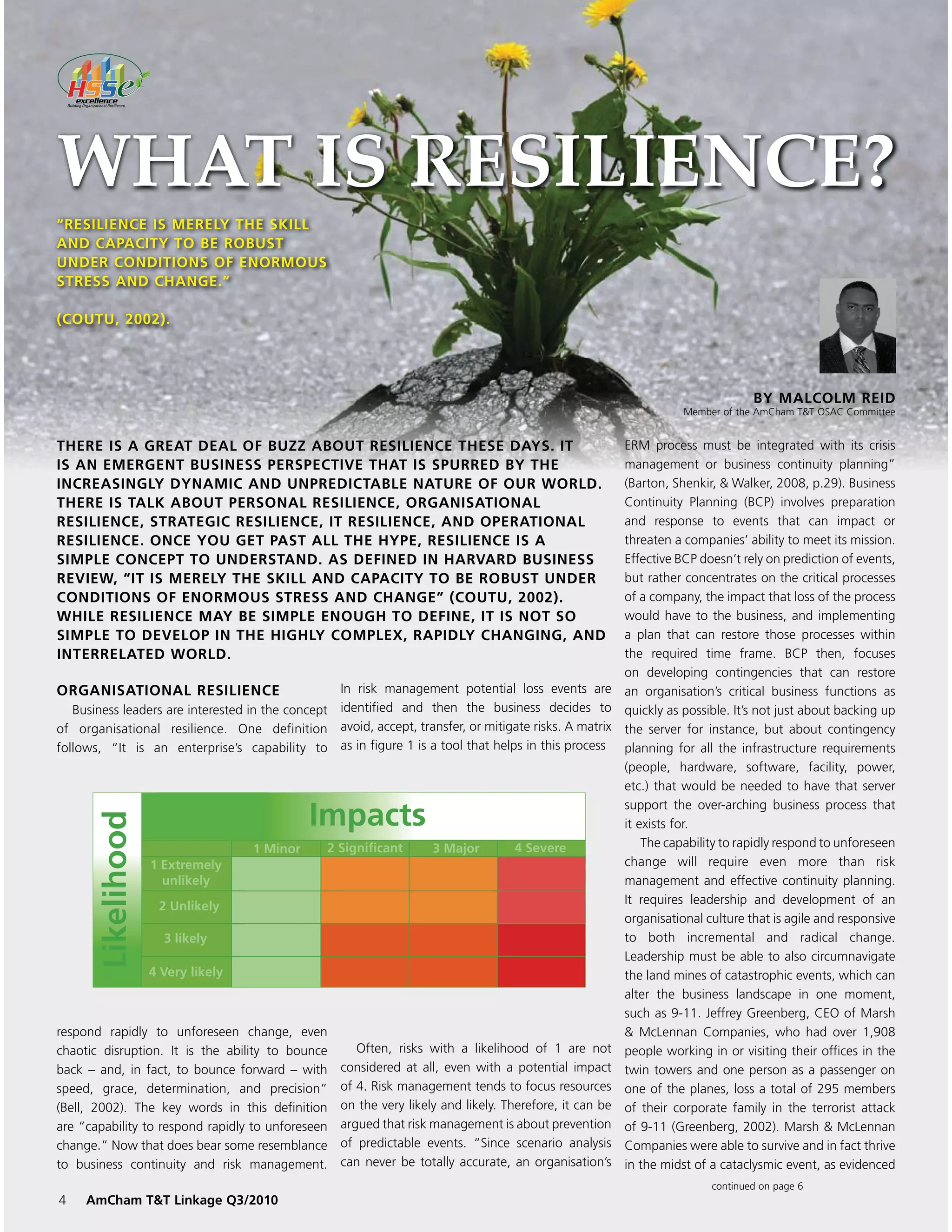 Malcolm Reid Resilience Article | PDF | Business | Business and Finance
