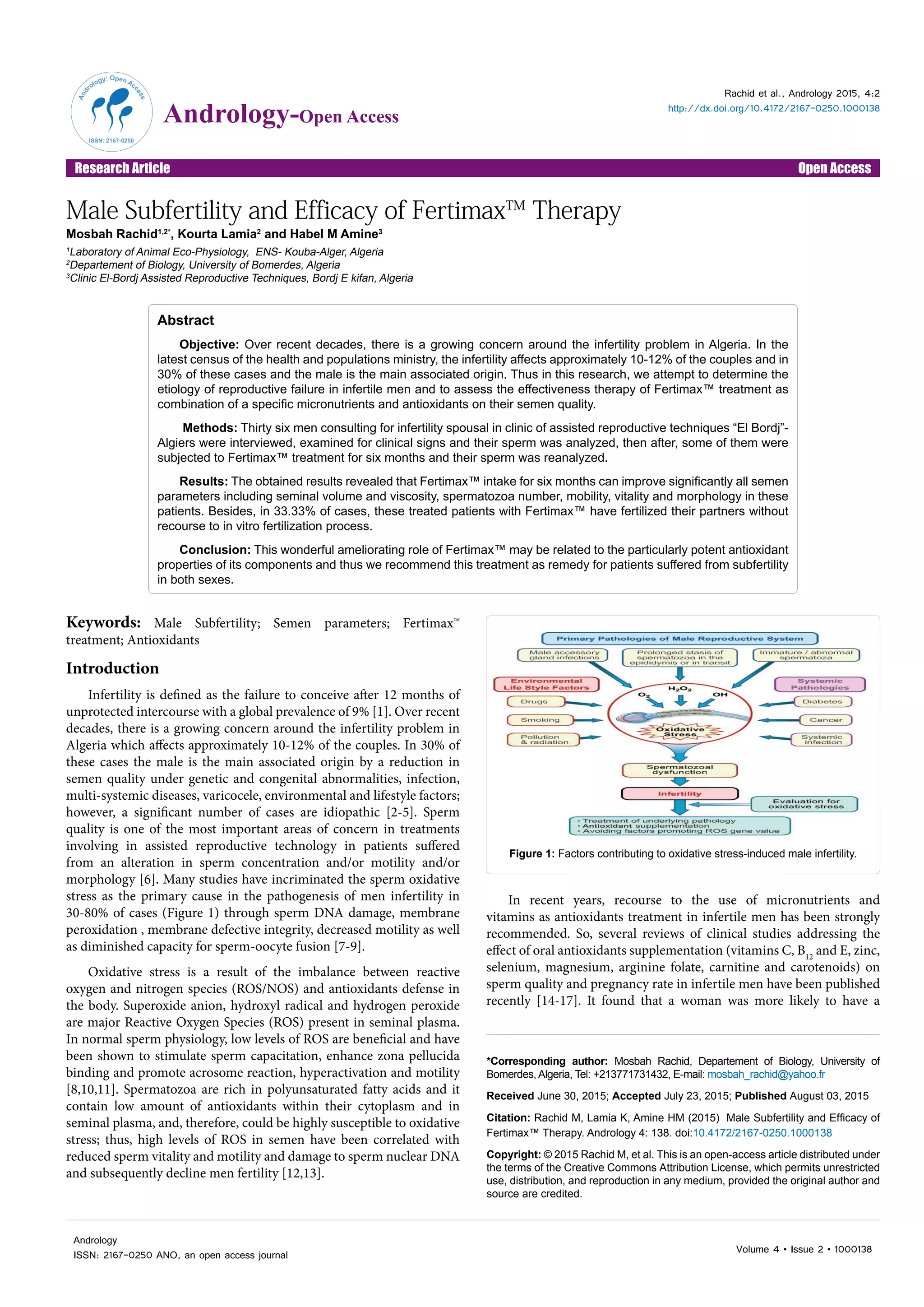 Male Subfertility and Efficacy of Fertimax Therapy | PDF
