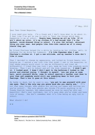 Writing a letter to advise based on the novel, 'The Skin I'm In' by ...