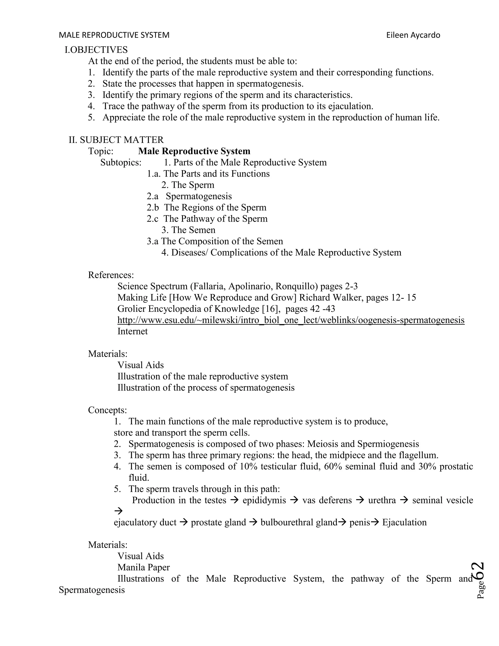 Lesson Plan on the Male Reproductive System | DOCX