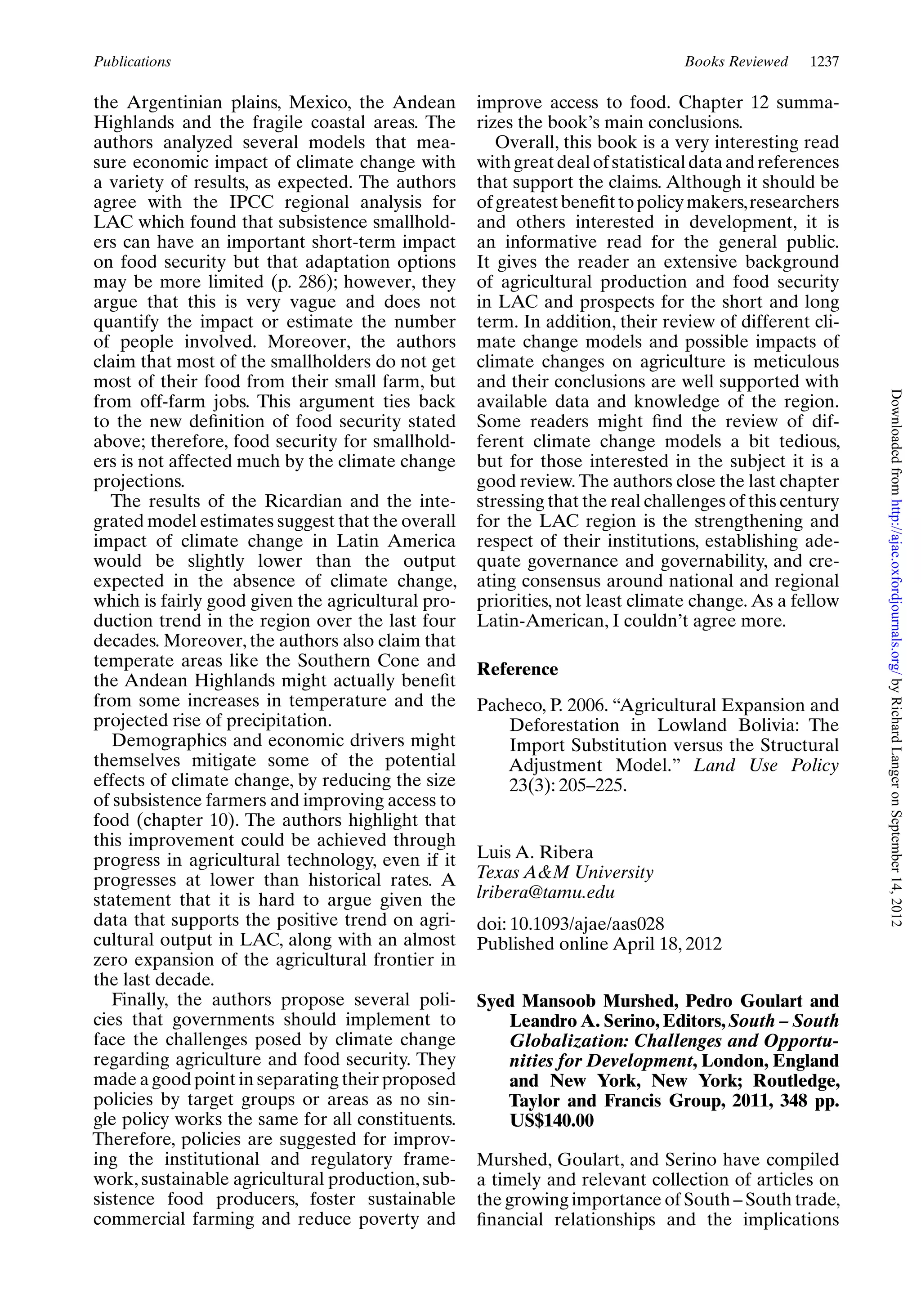 Maletta book review climate change am.soc.agr.econ. 2012 | PDF