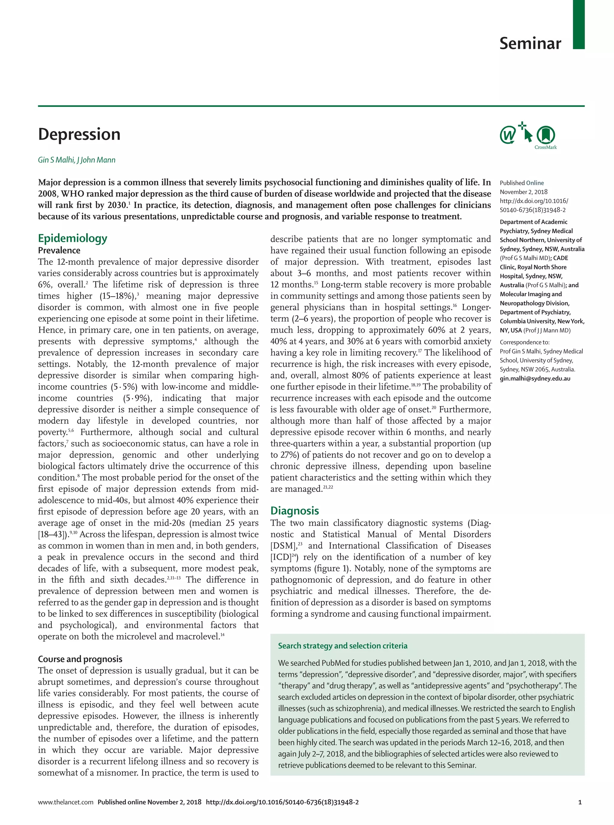 Malhi, G. S., & Mann, J. J. (2018). Depression. Lancet (London, England ...
