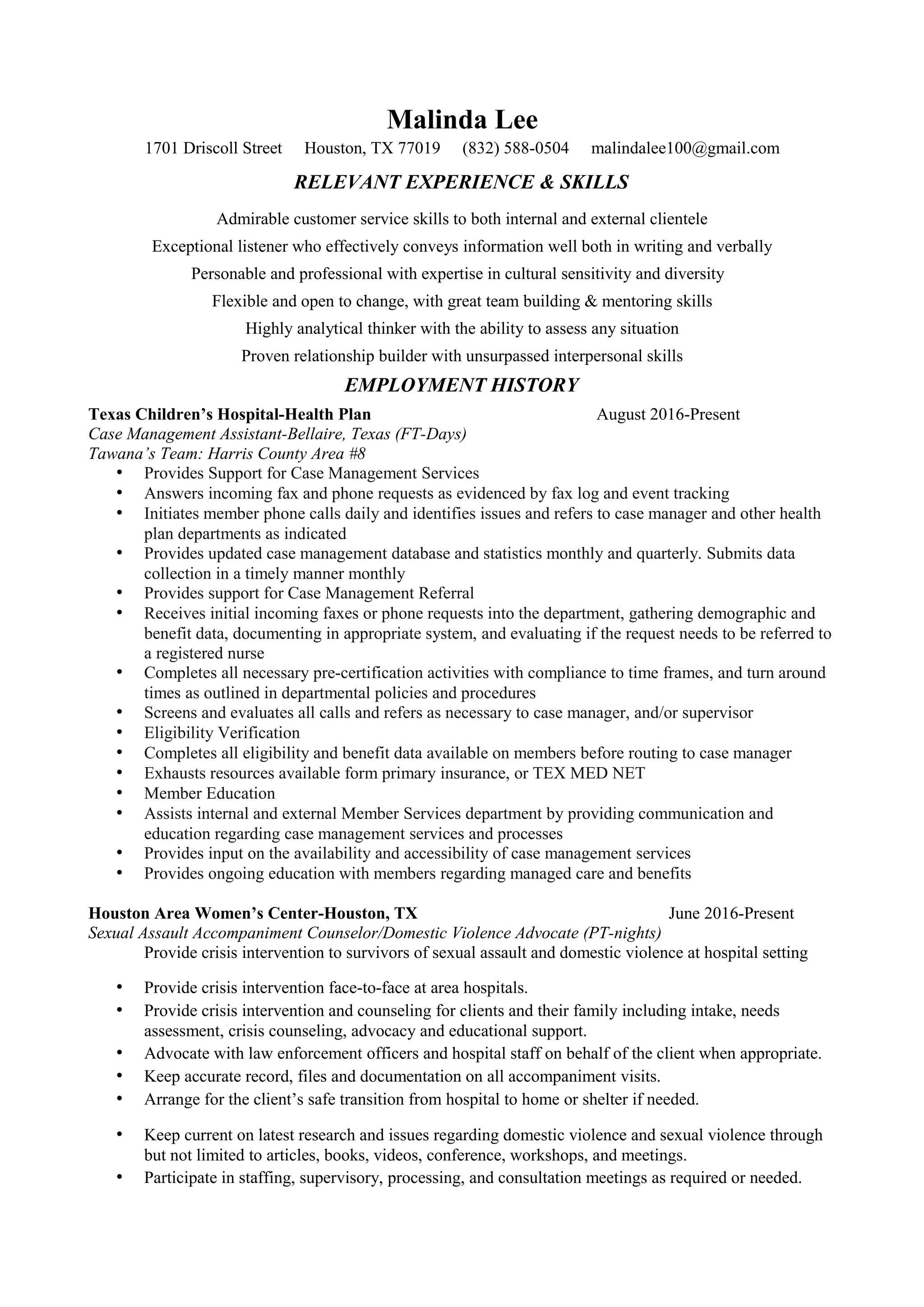 Malinda lee resume 2017 | DOC