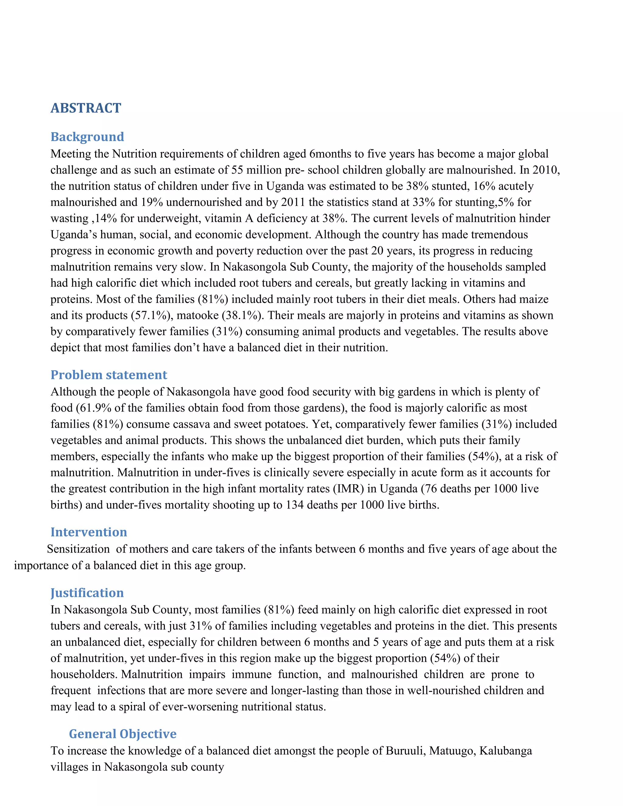 Malnutrition project proposal ( Increasing knowlege about importance of ...