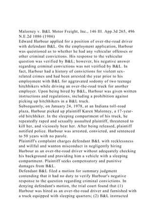 Malorney v. B&L Motor Freight, Inc., 146 Ill. App.3d 265, 496 N.E..docx