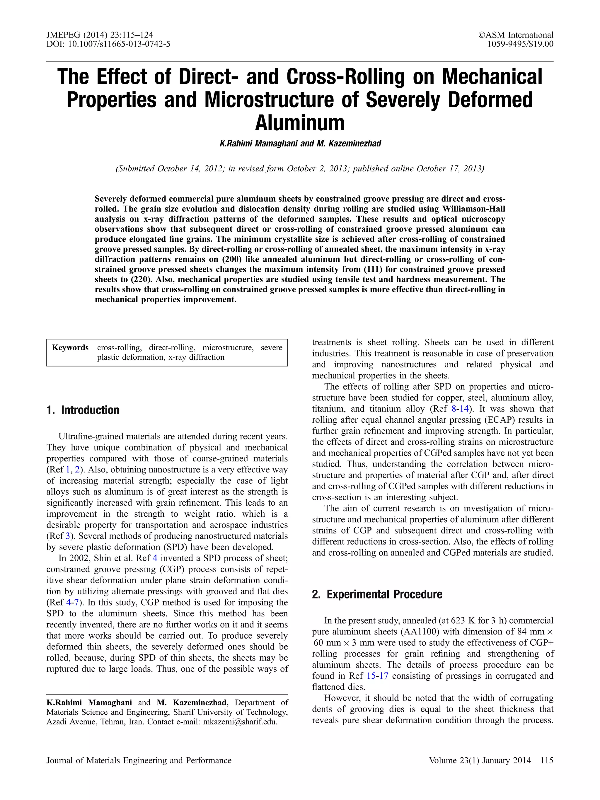 The Effect of Direct- and Cross-Rolling on Mechanical Properties and Microstructure of Severely ...