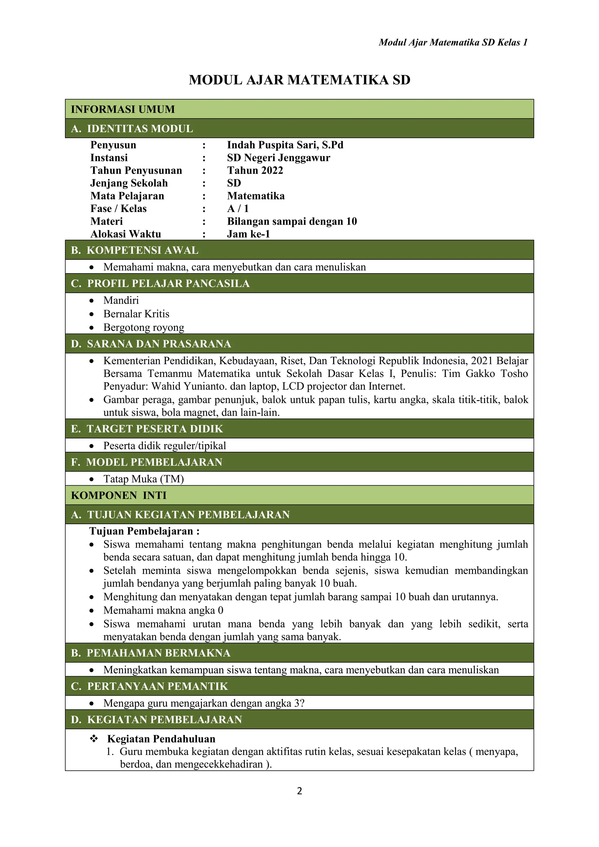 Modul Ajar Matematika Kelas 1 BAB 1 Kurikulum Merdeka | DOCX