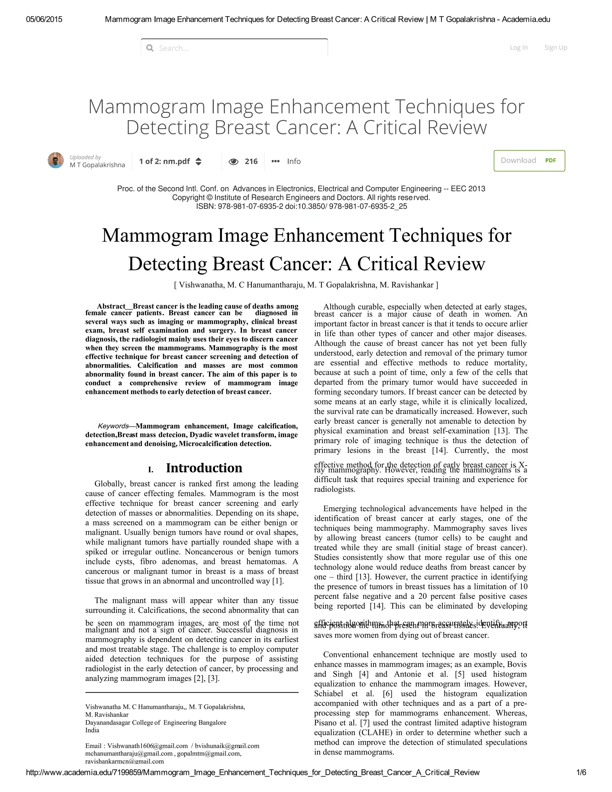 Mammogram image enhancement techniques for detecting breast cancer | PDF