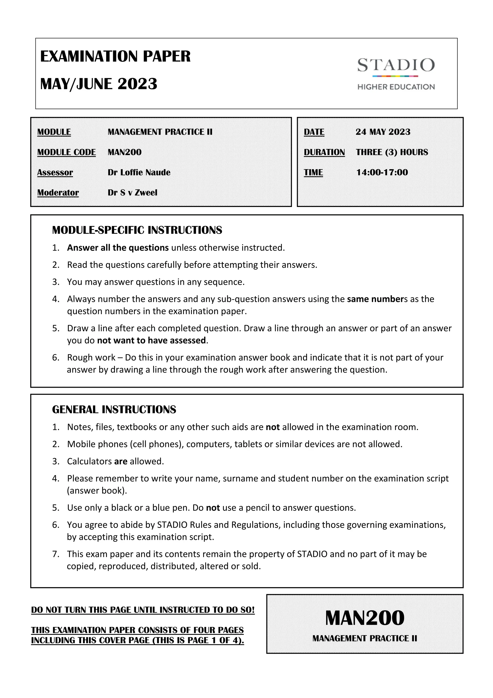 MAN200 2023 01 Examination Paper (1).pdf | Business Administration ...