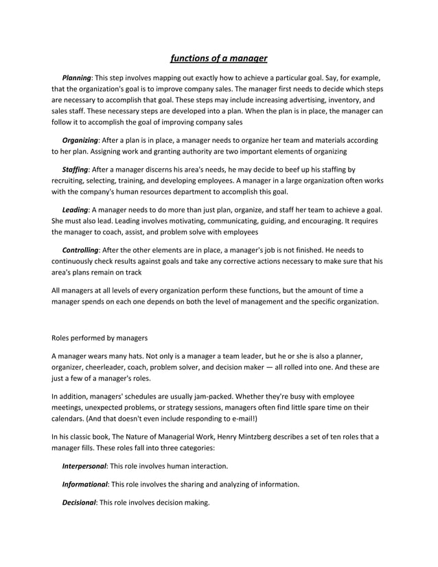 Functions of a manager | PDF