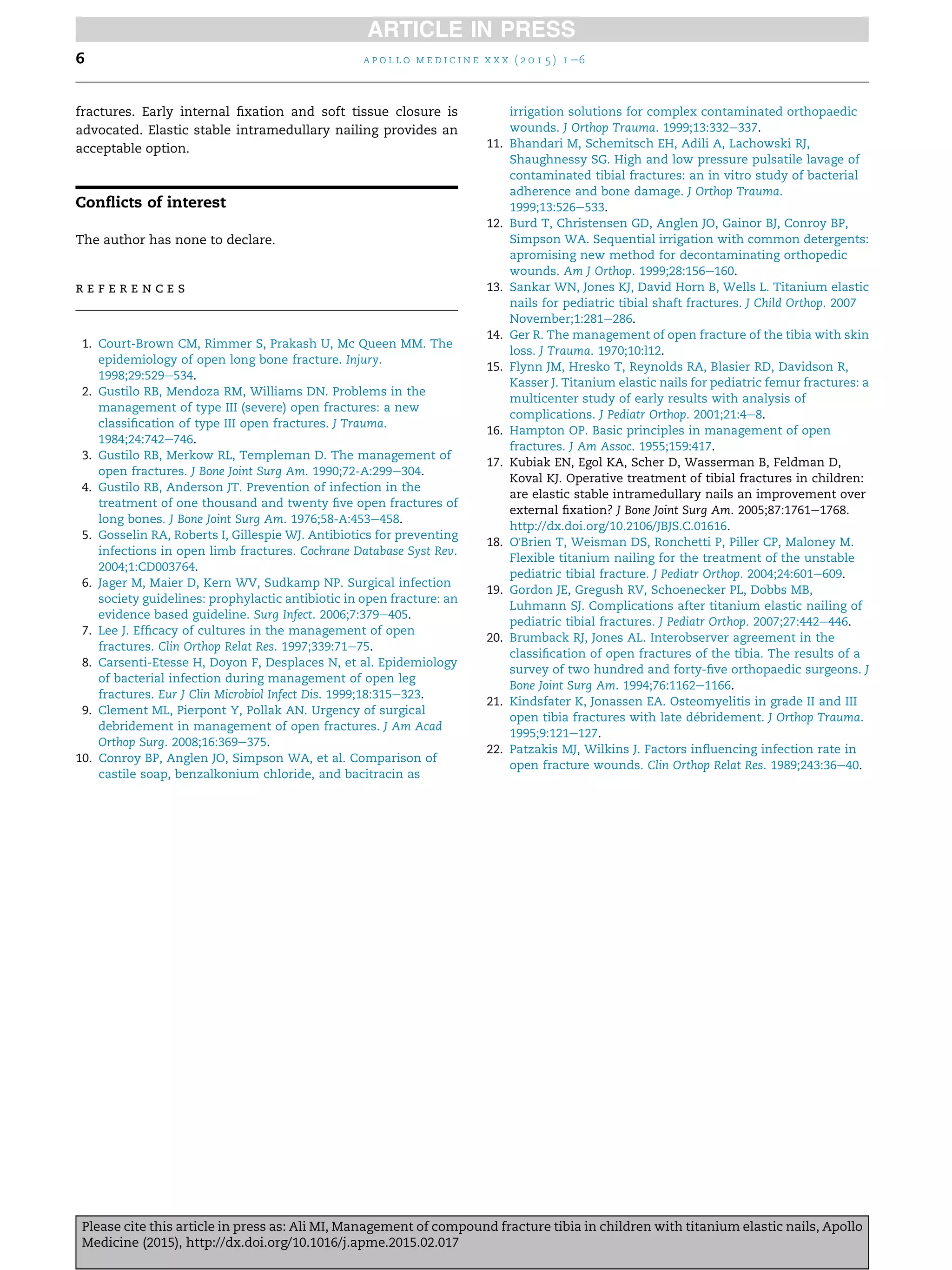 Management of compound fracture tibia in children with titanium elastic ...