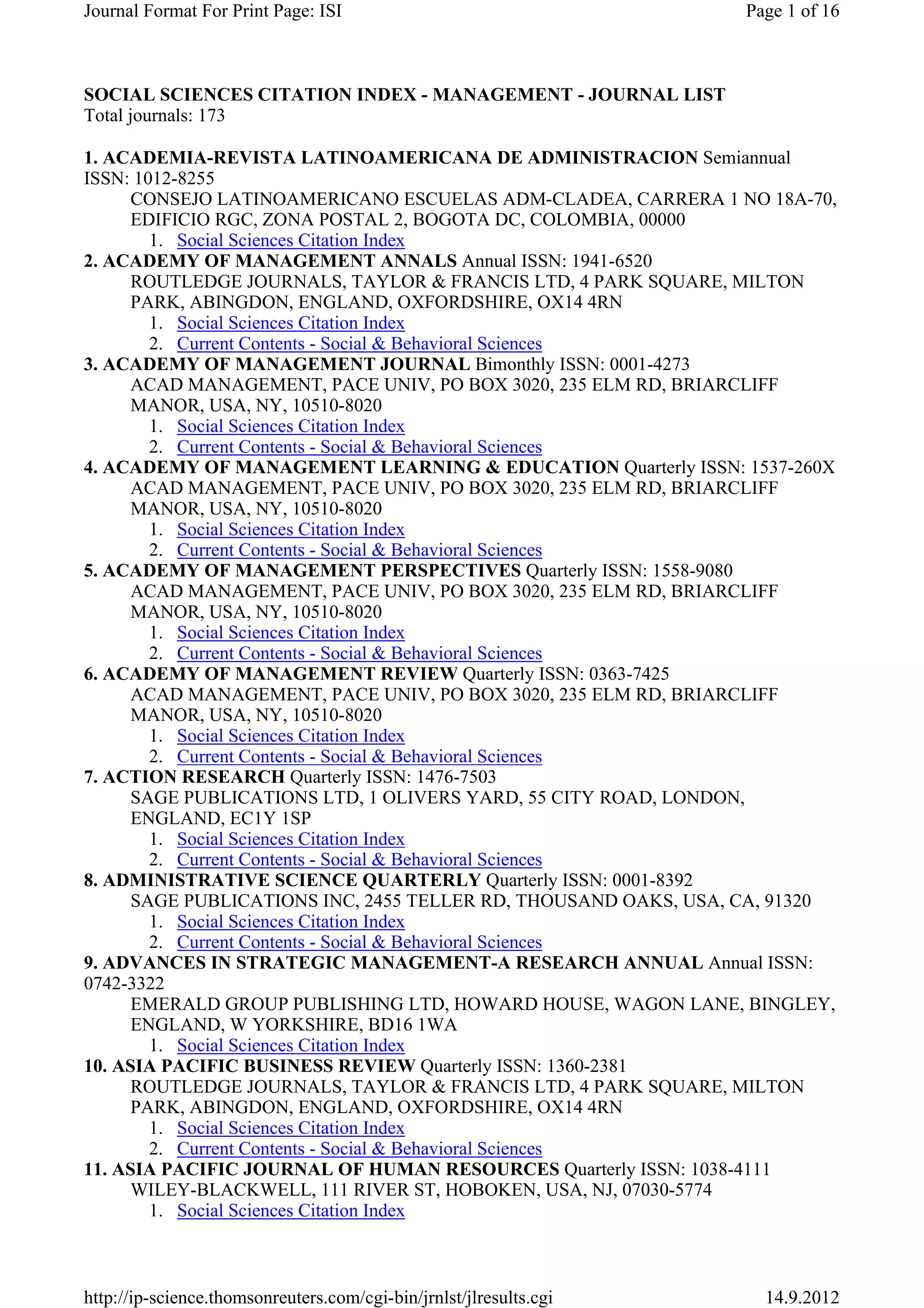 SSCI Management Journal List | PDF