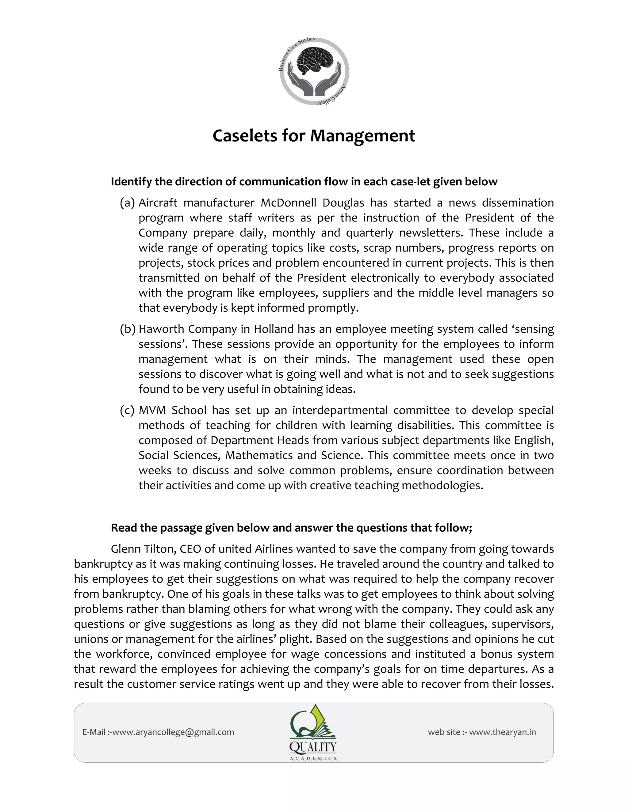 Management- caselets on management | PDF