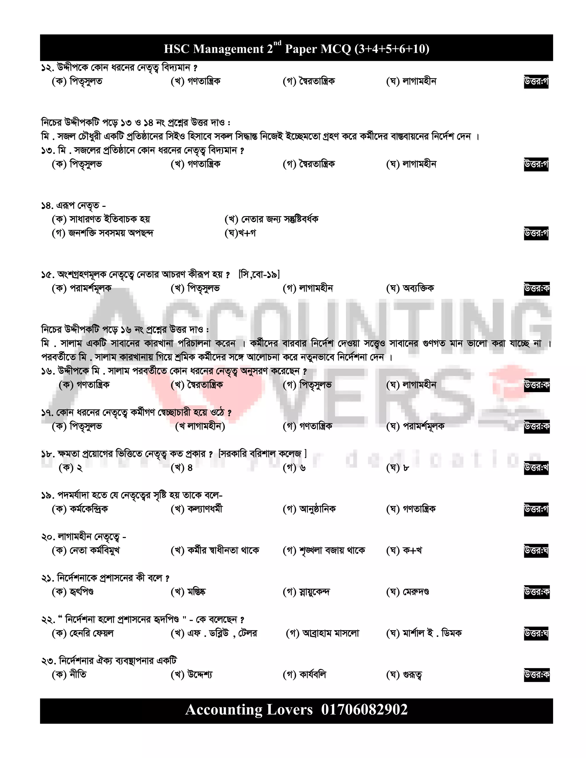 HSC 2023 Management 2nd paper MCQ | PDF