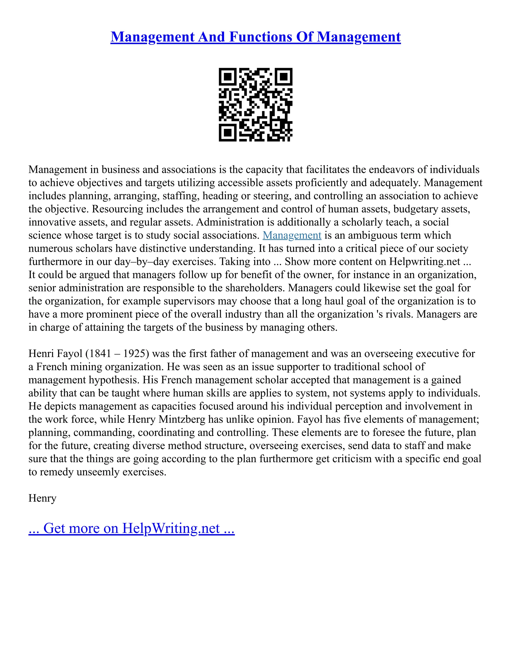 Management And Functions Of Management | PDF