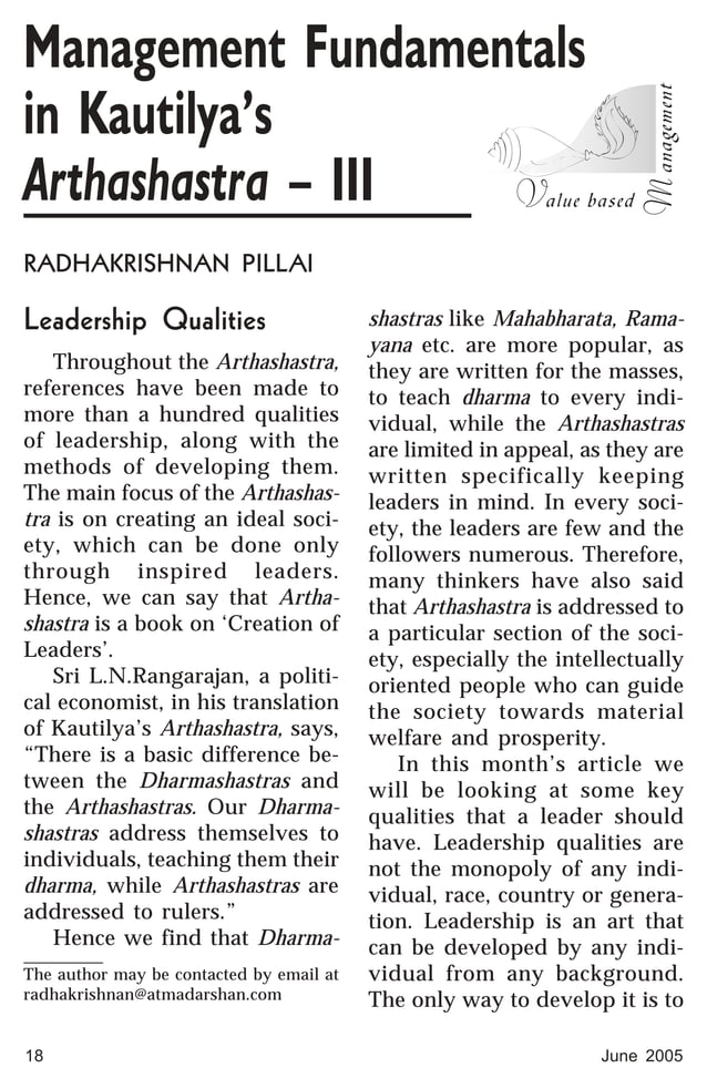 Management aspect derived from kautilya's arthashastras