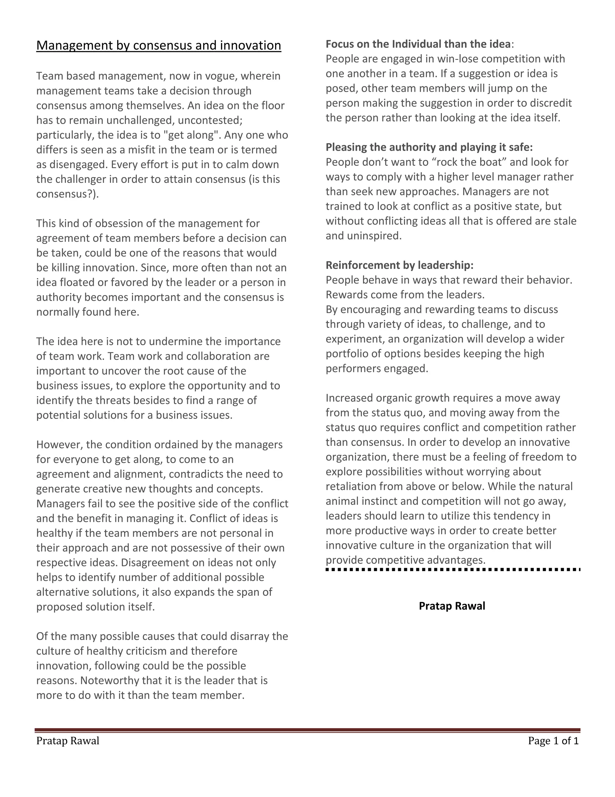 Management by consensus and innovation art iv (boss)2003 | PDF