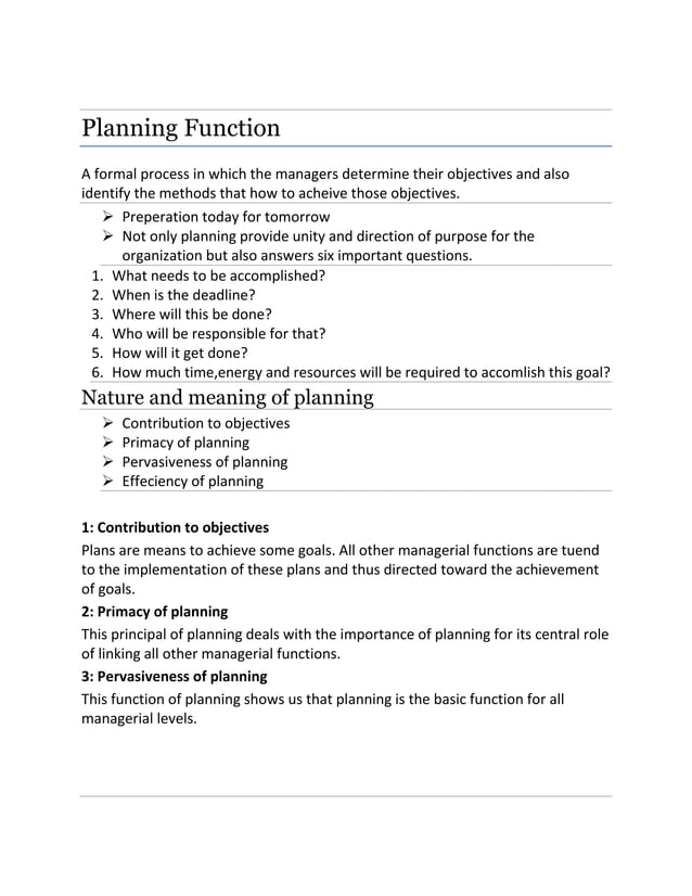 Planning function, nature and meaning of planning and types of planning ...
