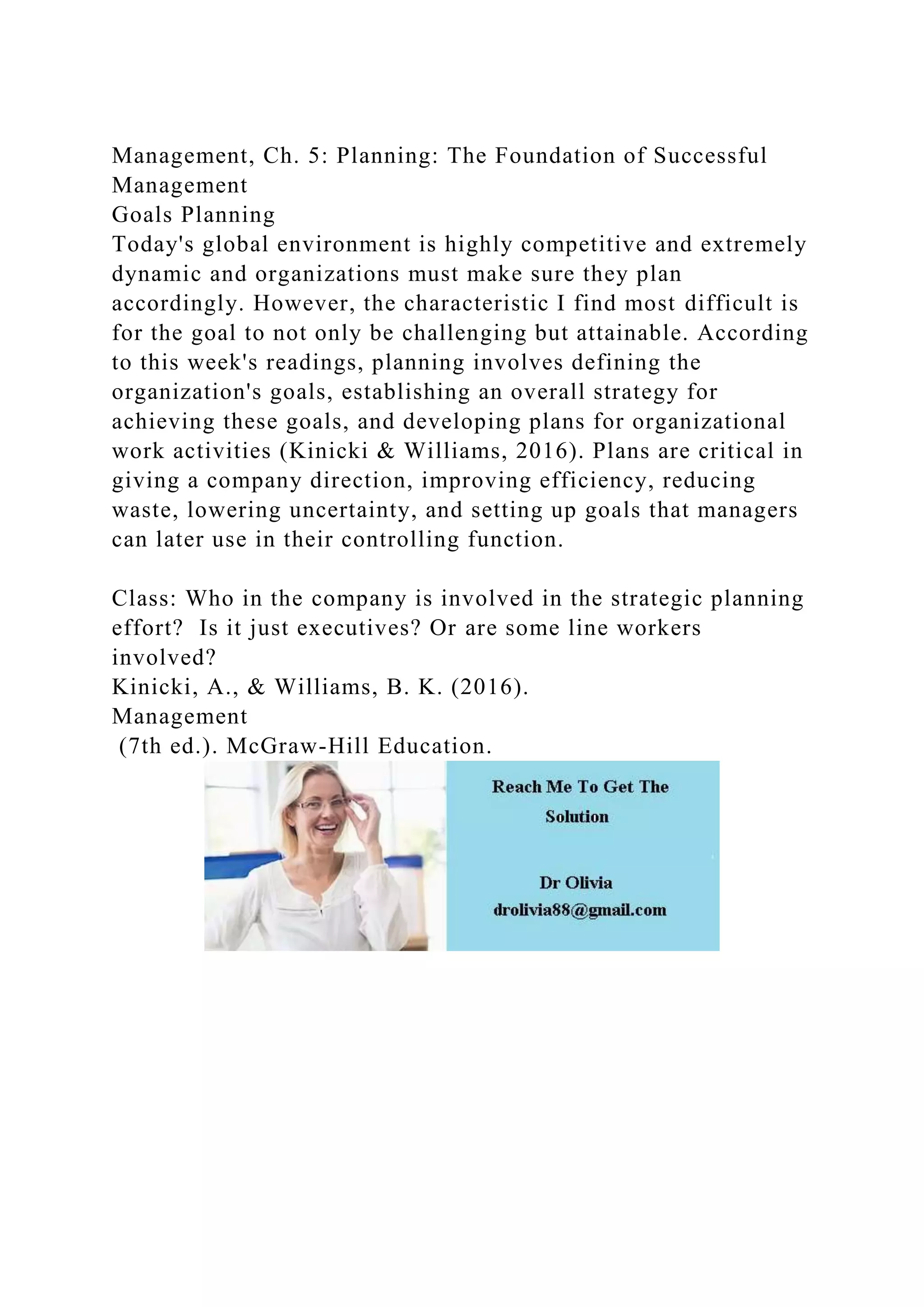 Management, Ch. 5 Planning The Foundation of Successful Management.docx