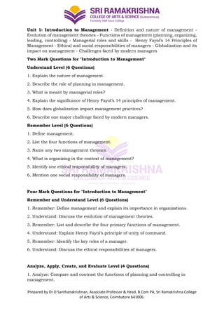 Management Concepts Question Bank all units | PDF