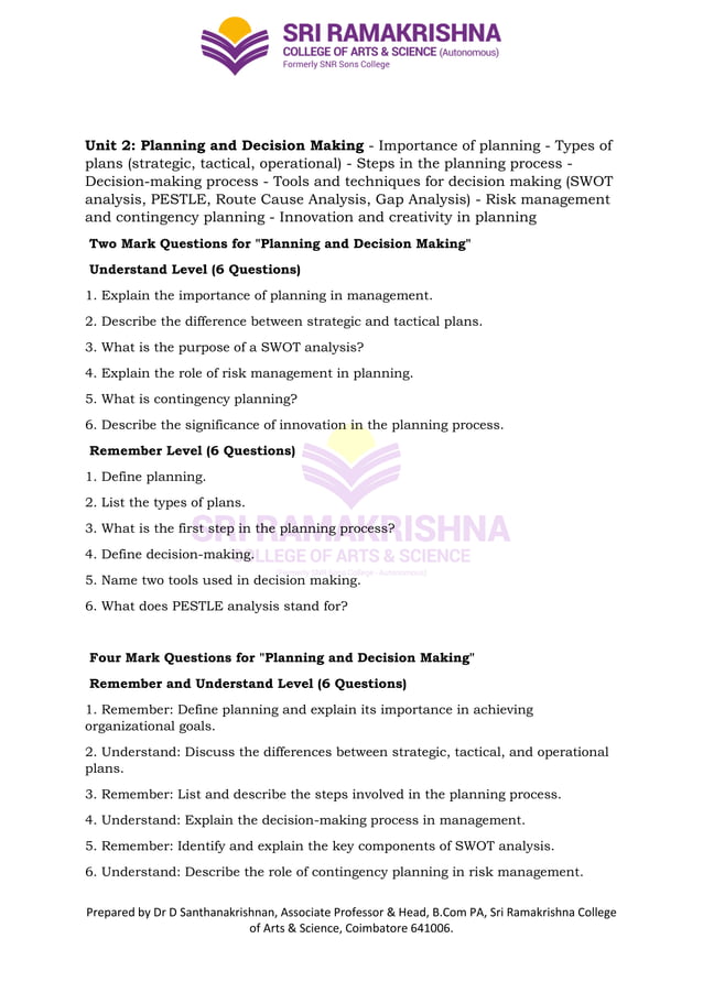 Management Concepts Question Bank all units | PDF