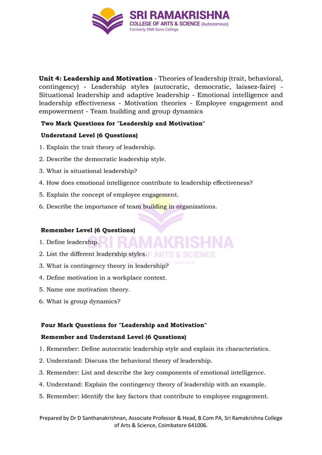 Management Concepts Question Bank all units | PDF