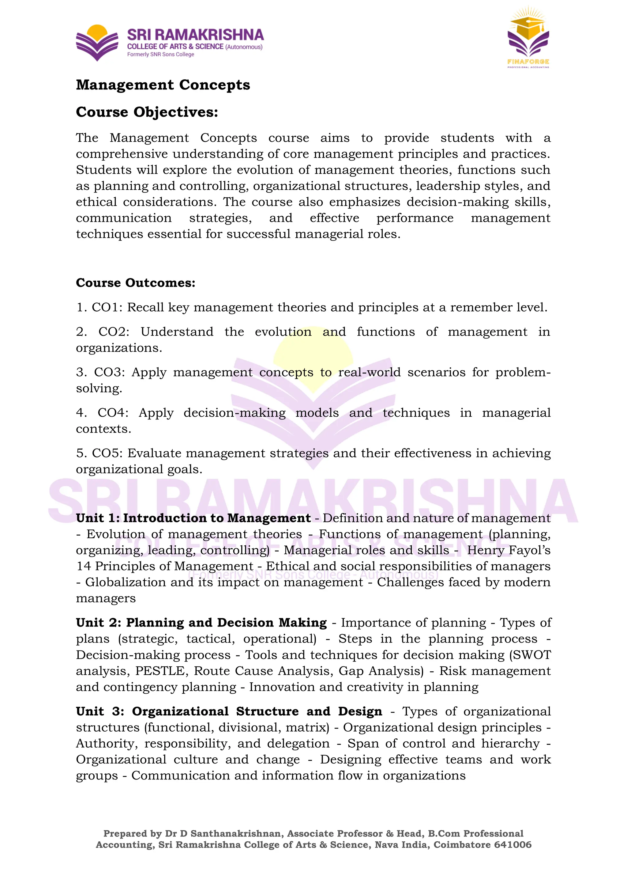 Management Concepts Study Material - Unit I to Unit III | PDF