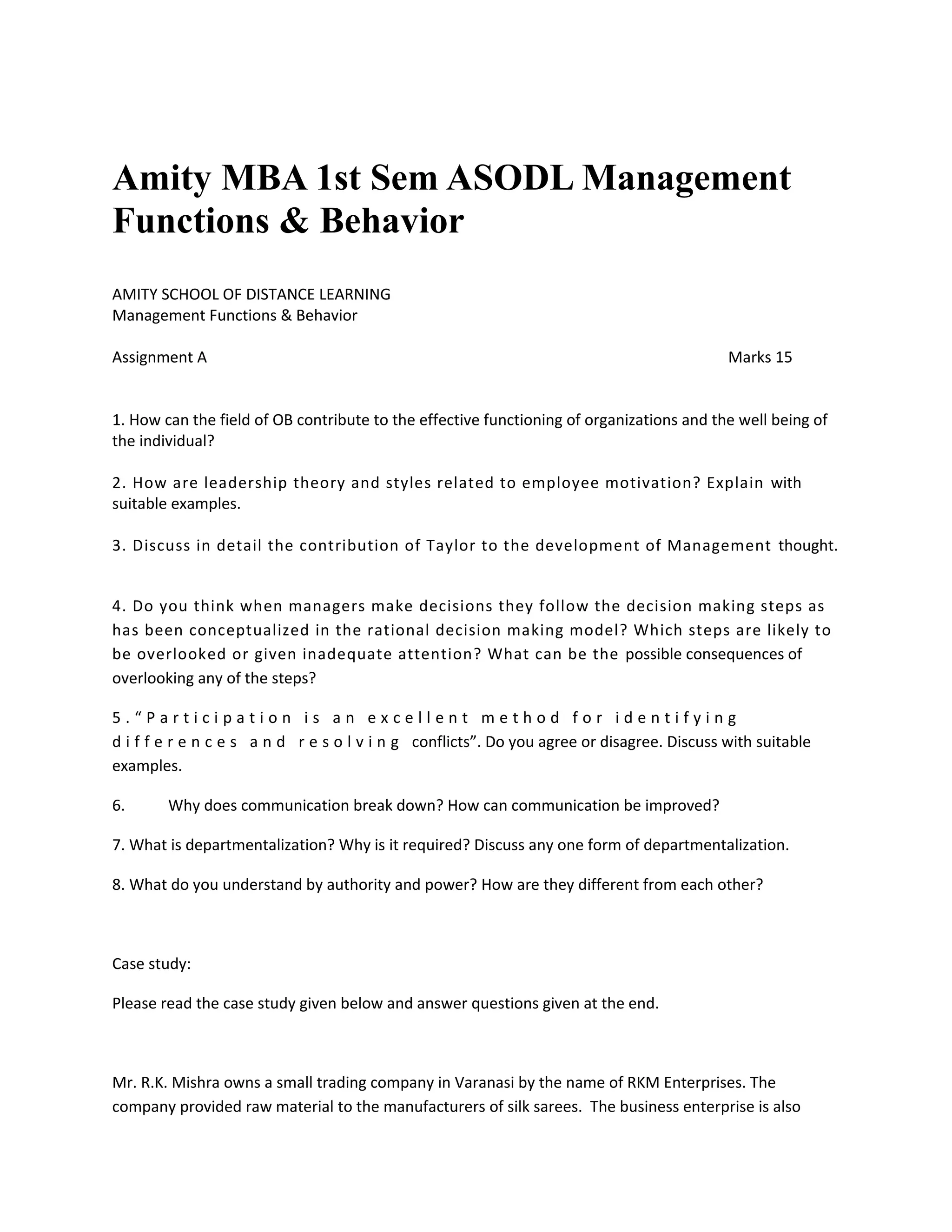 Amity MBA 1st Sem ASODL Management Functions & Behavior | DOC