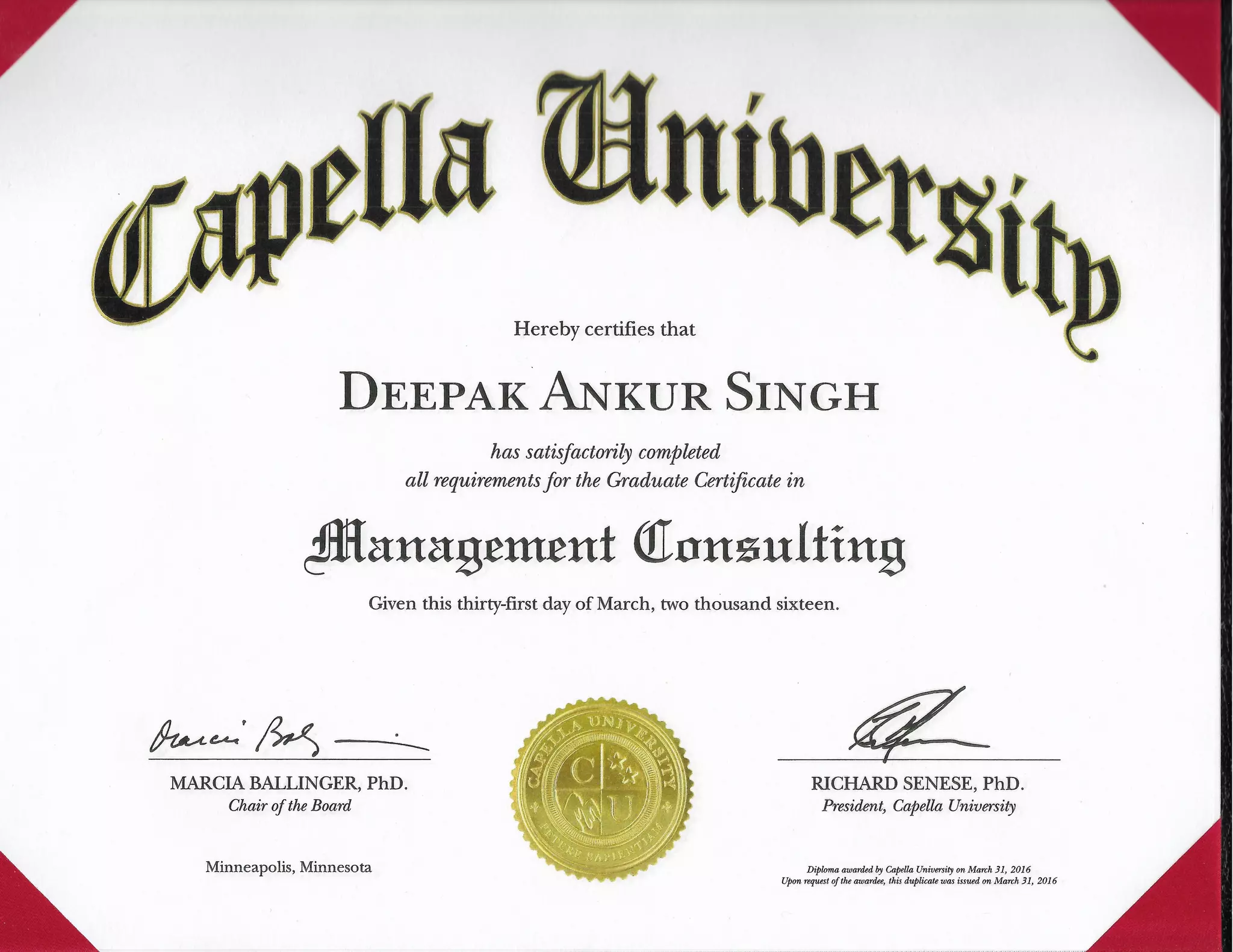 Management Graduate Certificate of Deepak (Danny) Singh from Capella University | PPT