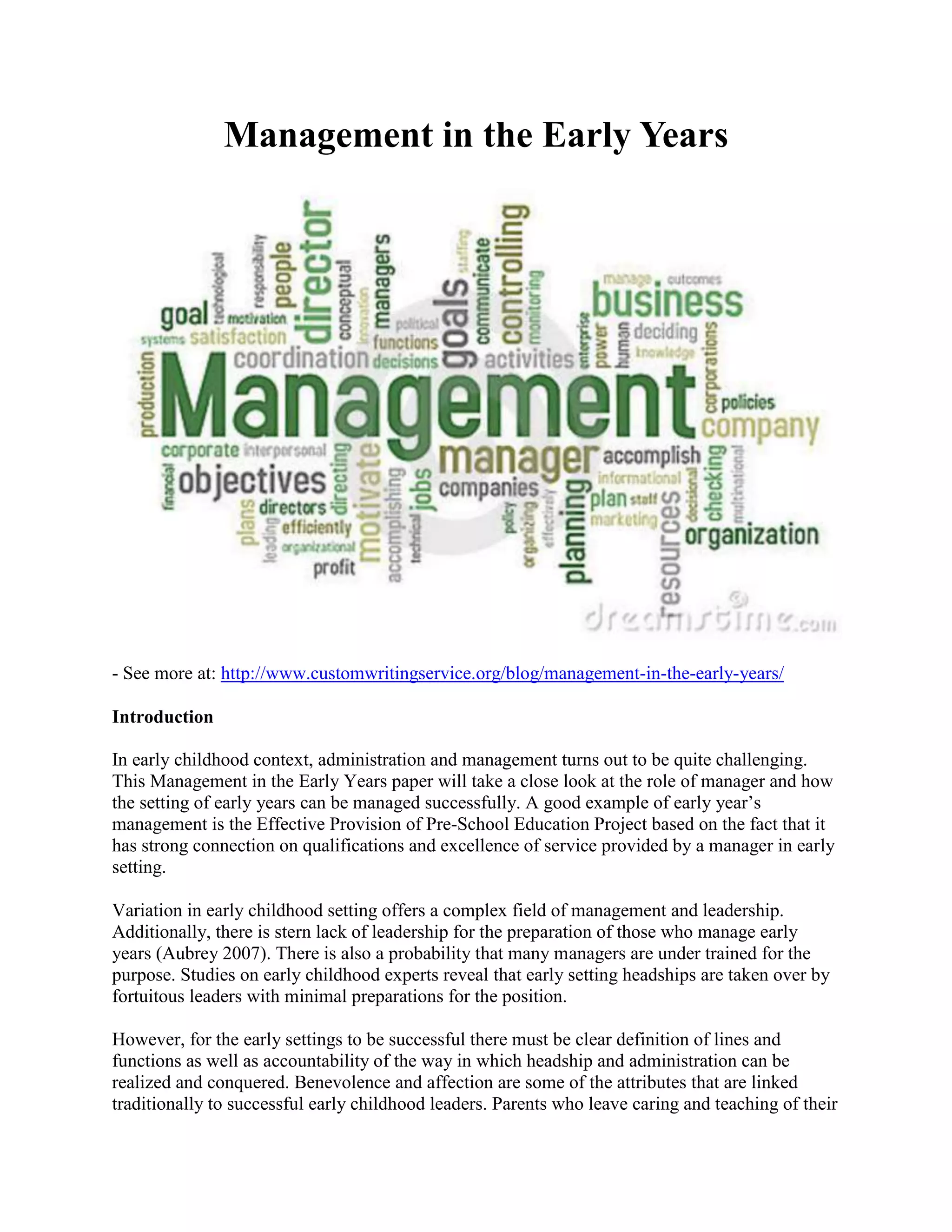 Management in the early years | PDF