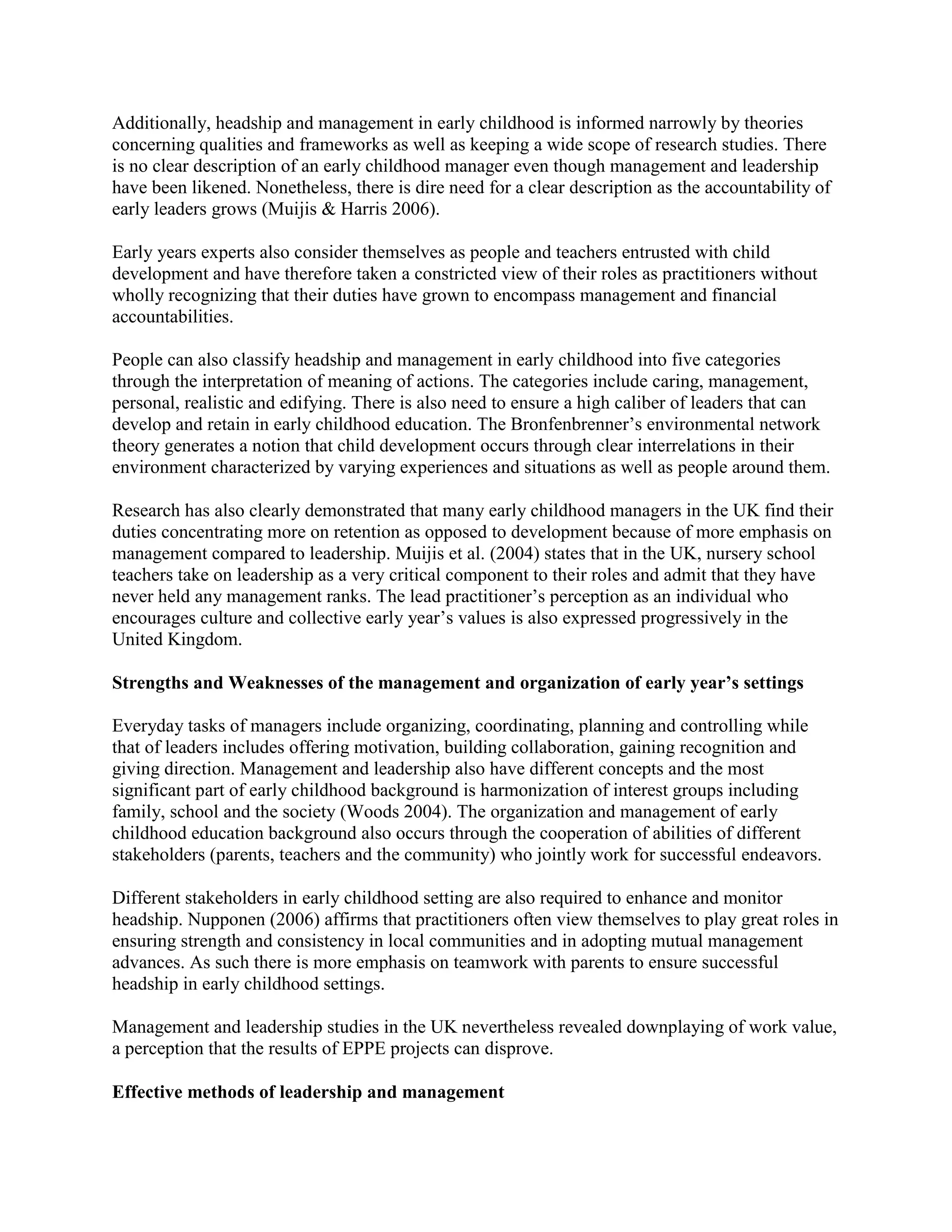 Management in the early years | PDF