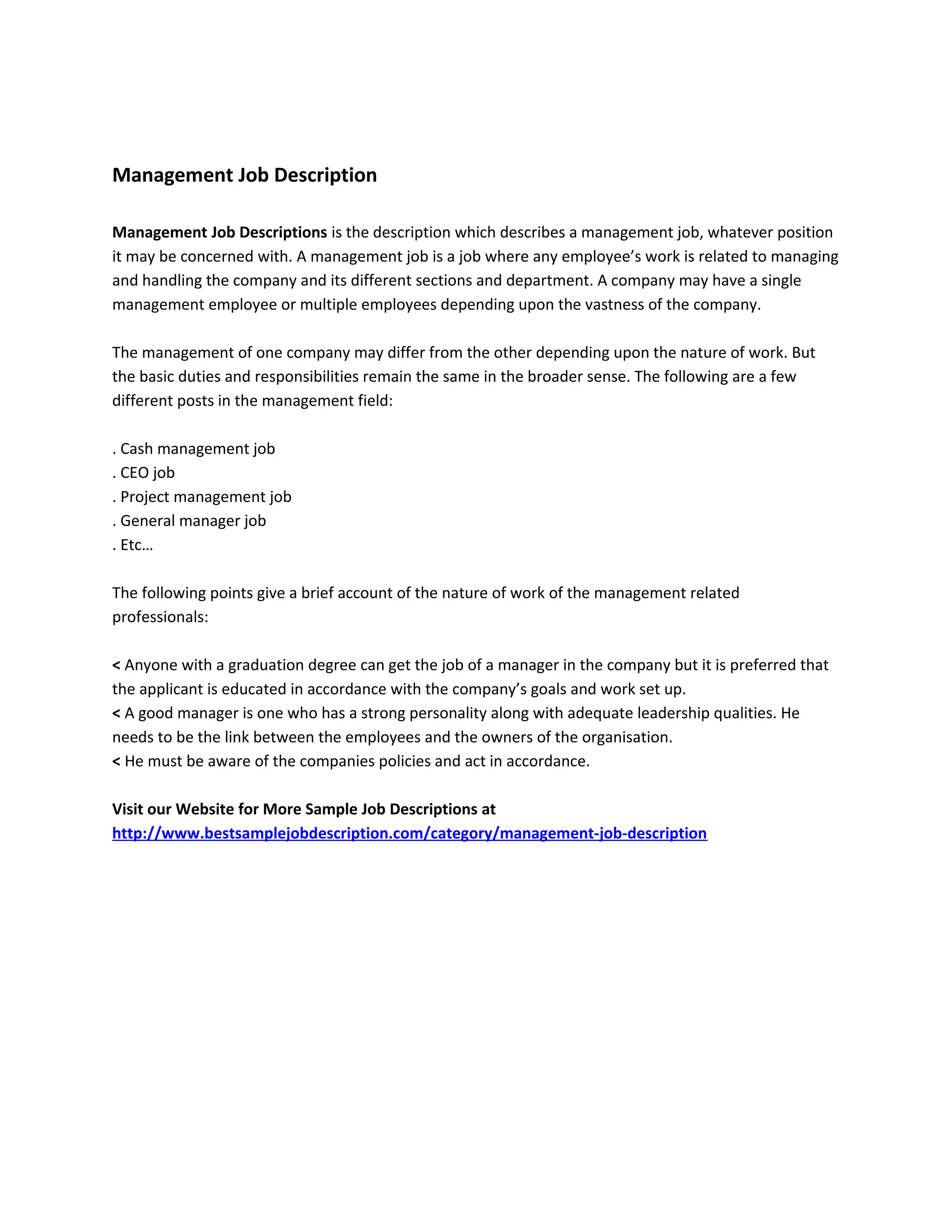 Management Job Description | DOC