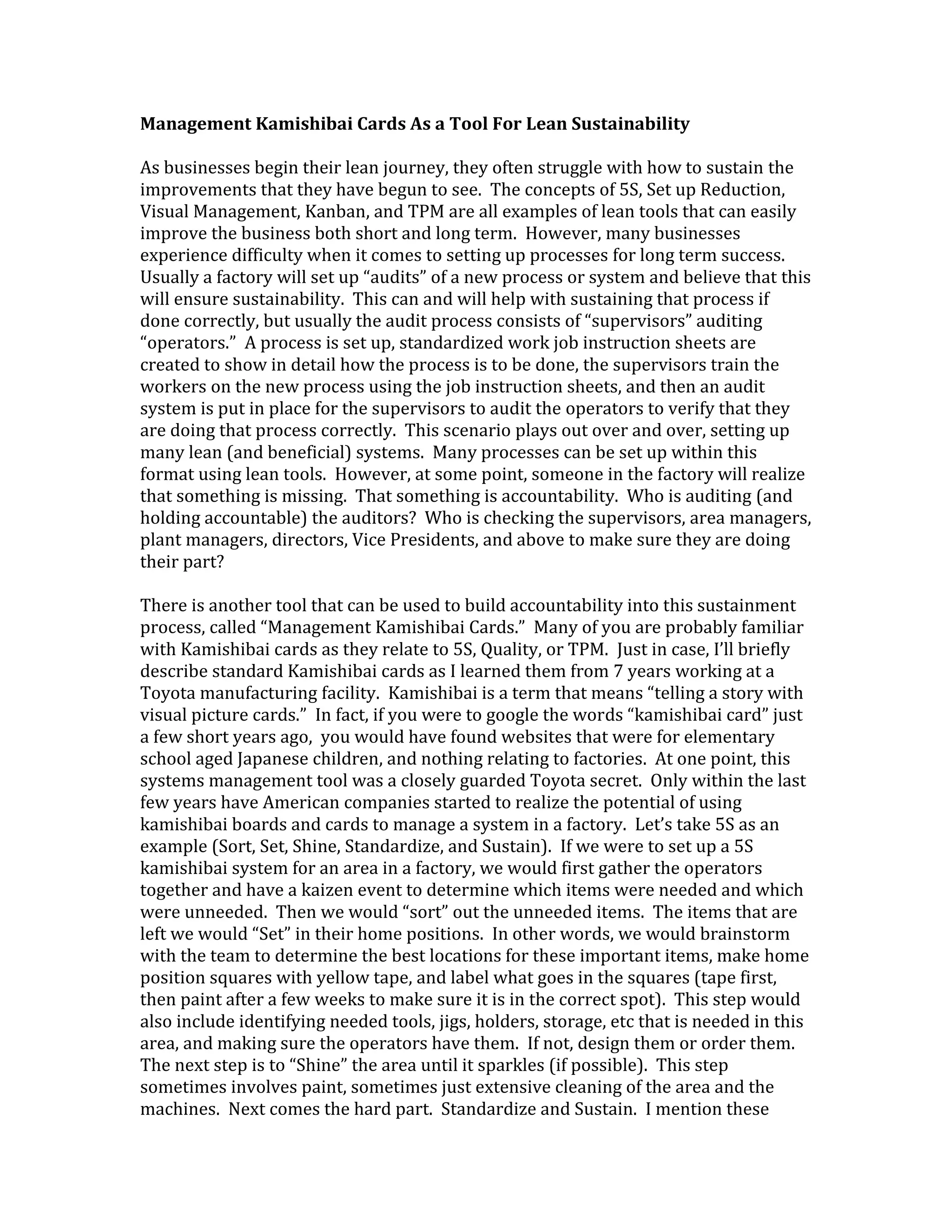 Management Kamishibai Cards As A Tool To Sustain Lean Progress | DOCX