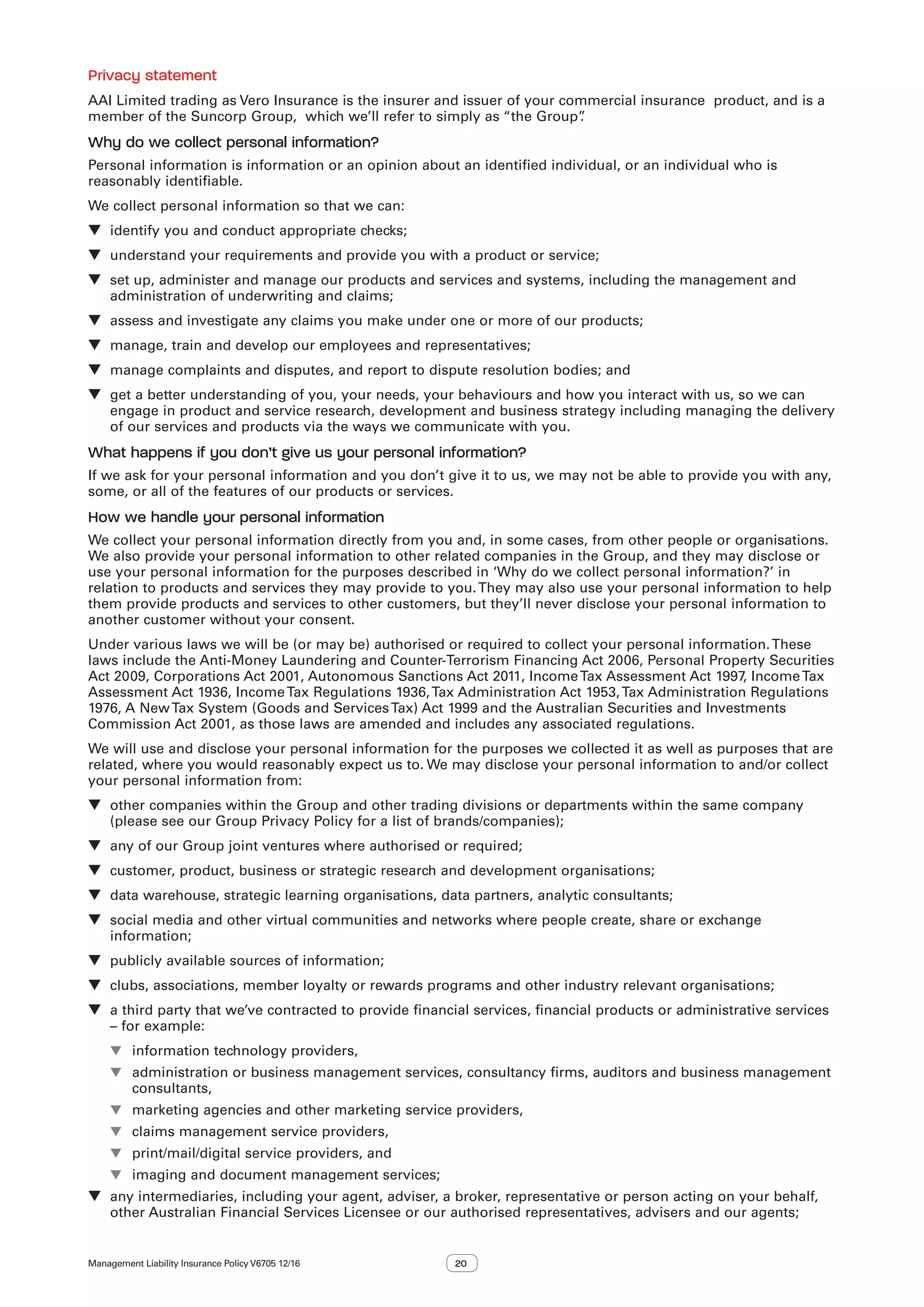 Vero Management liability policy wording | PDF