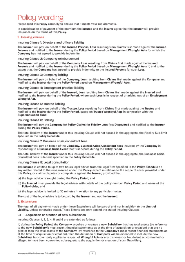 Vero Management liability policy wording | PDF