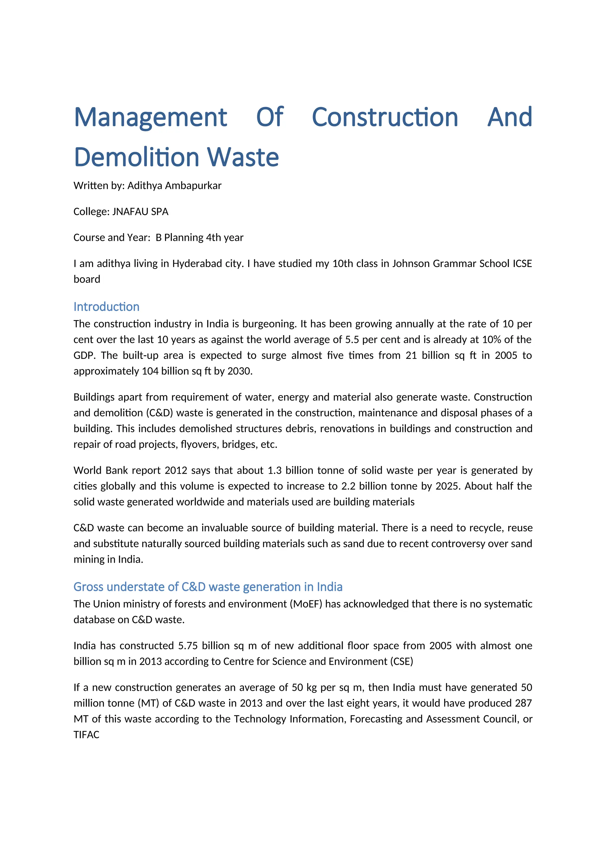 Management Of Construction And Demolition Waste | DOCX