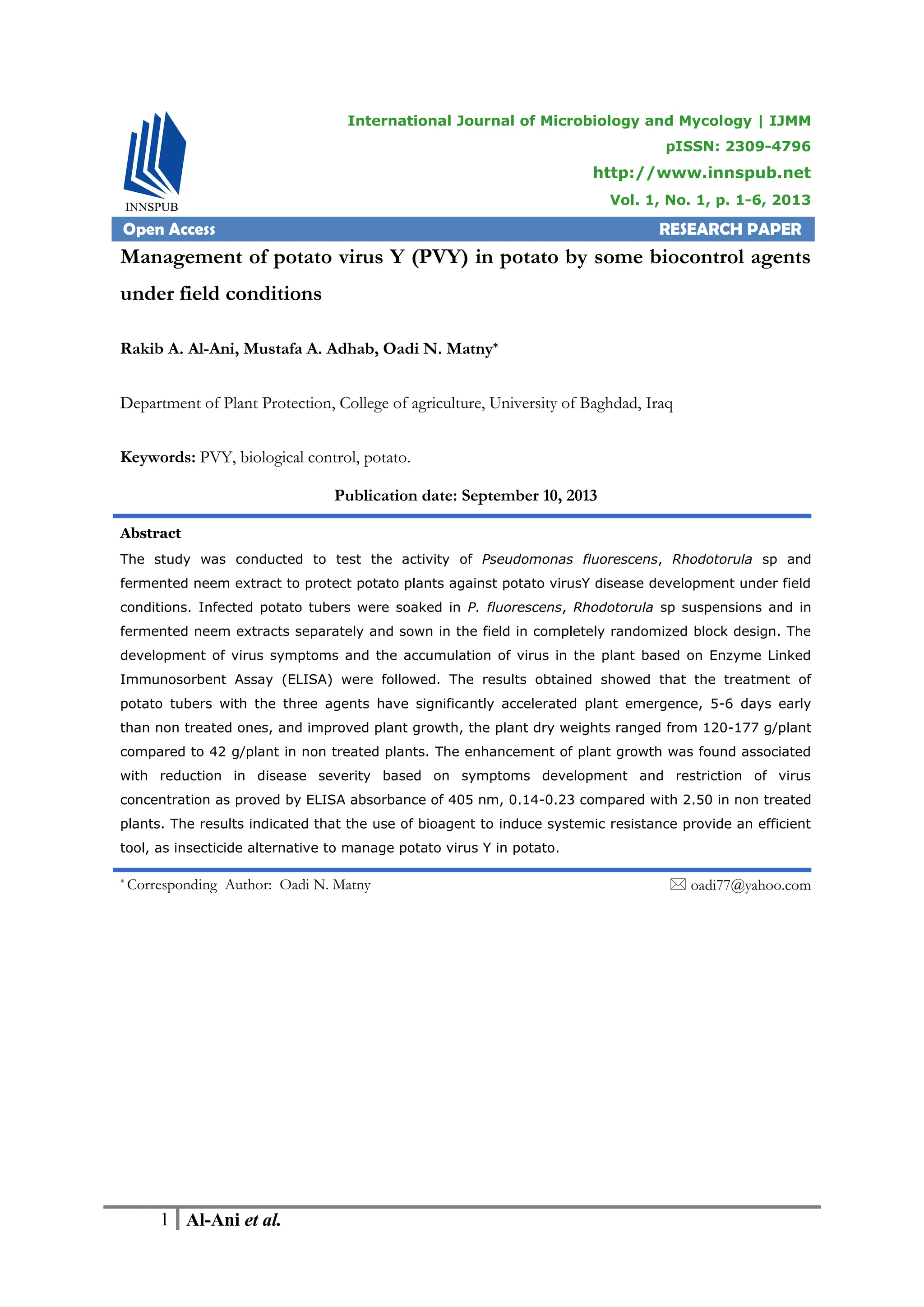 Management of potato virus Y (PVY) in potato by some biocontrol agents ...