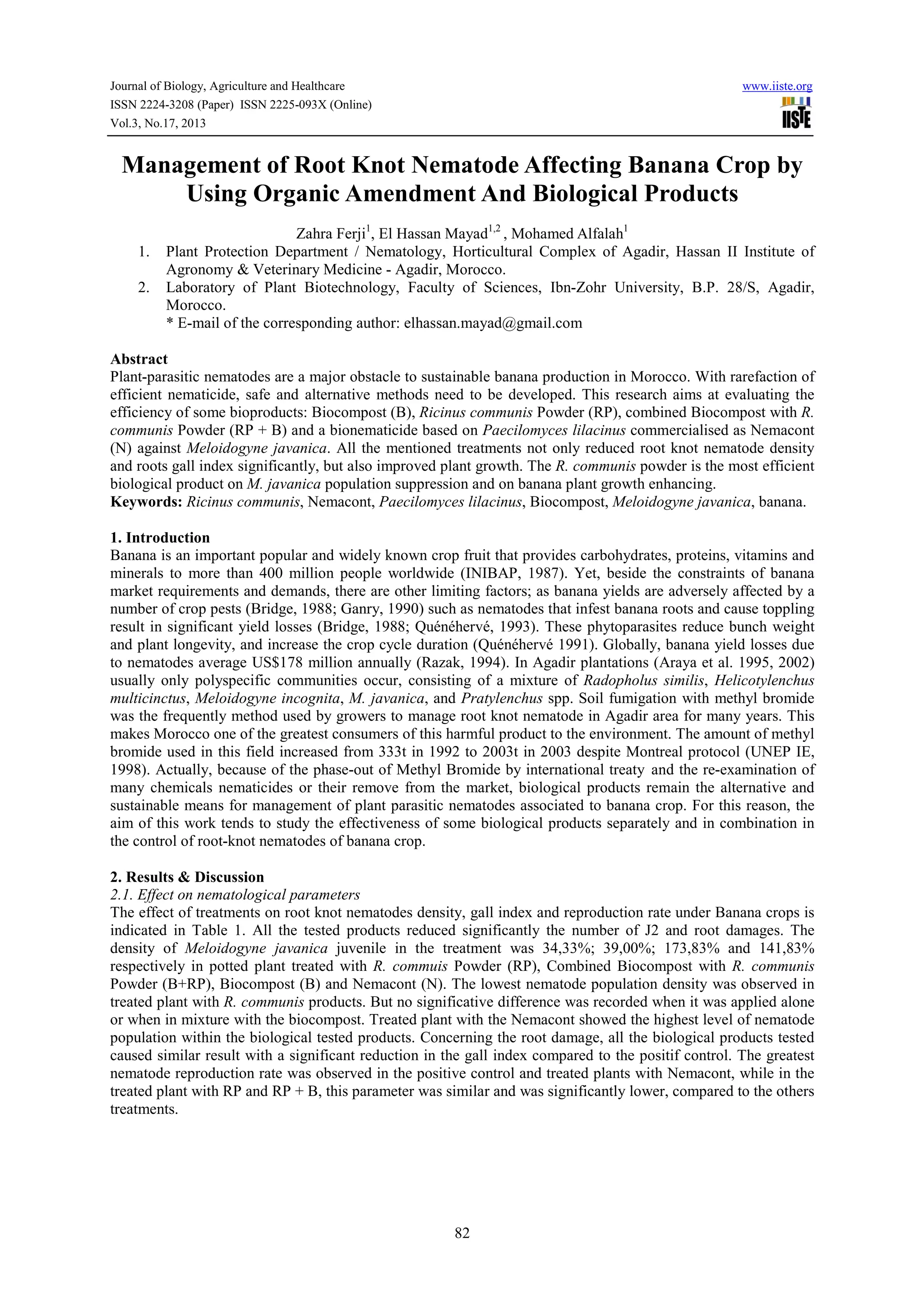 Management of root knot nematode affecting banana crop by using organic ...