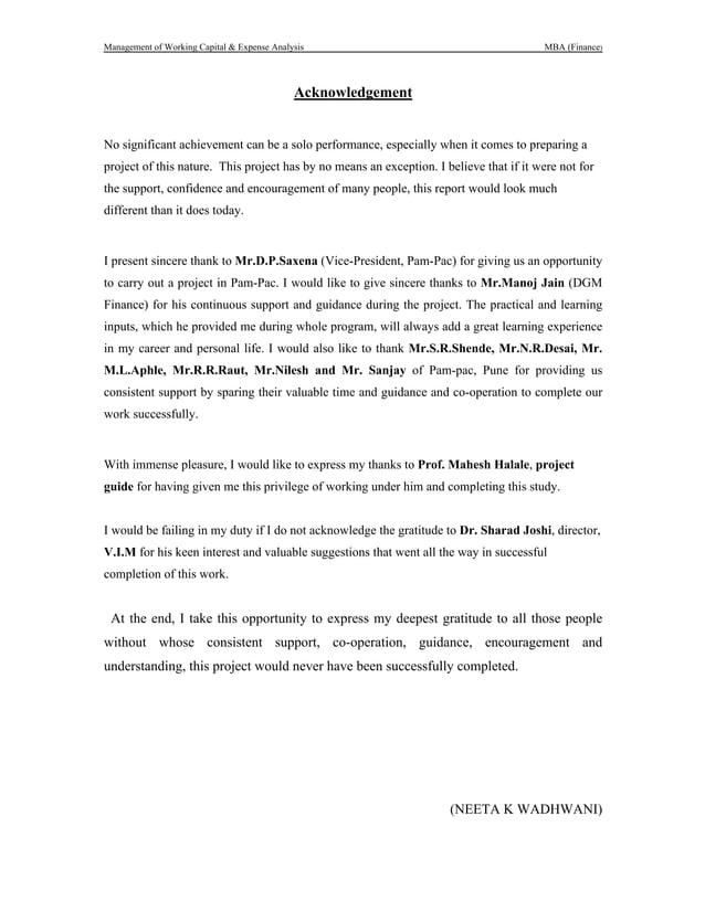 Management of working capital and expense analysis pam pac machines pvt. ltd. by neeta wadhwani ...