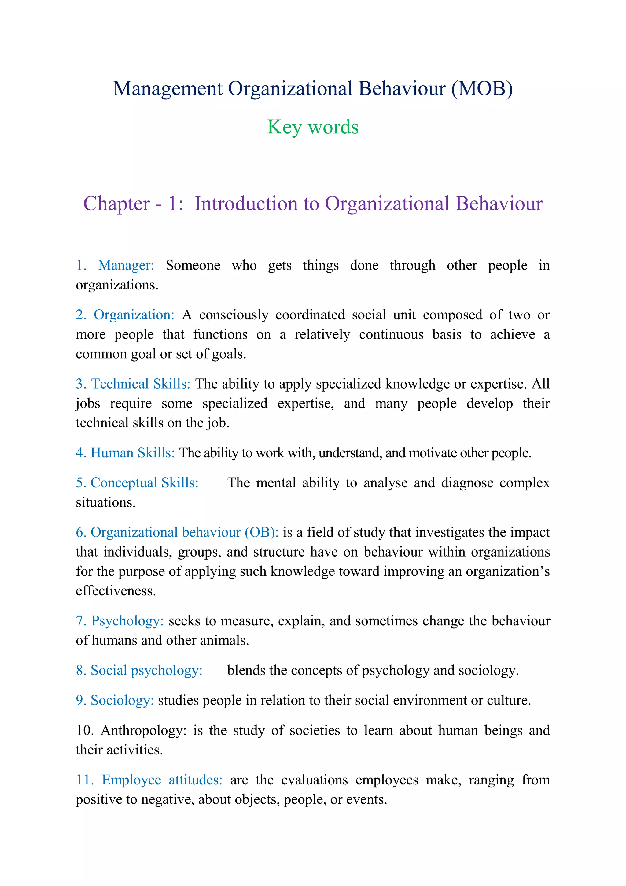 Management organizational behaviour all chapter key words | PDF | Careers