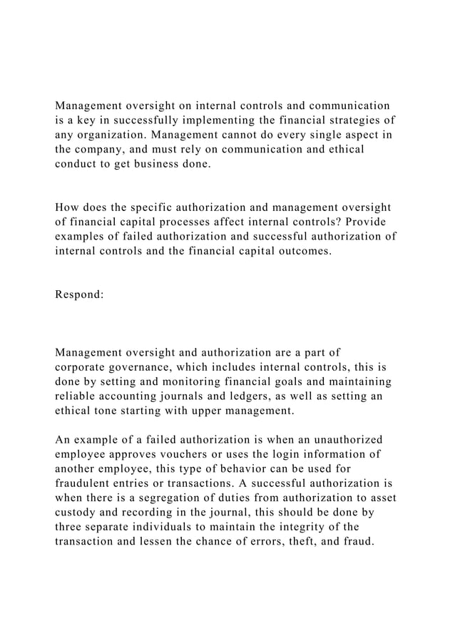 Management oversight on internal controls and communication is a.docx ...