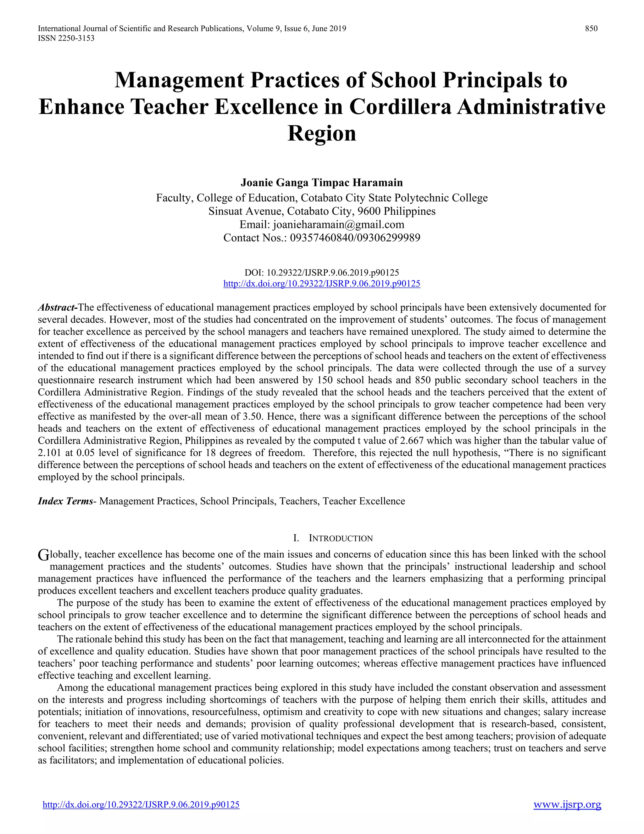 Management Practices of School Principals to Enhance Teacher Excellence in Cordillera ...