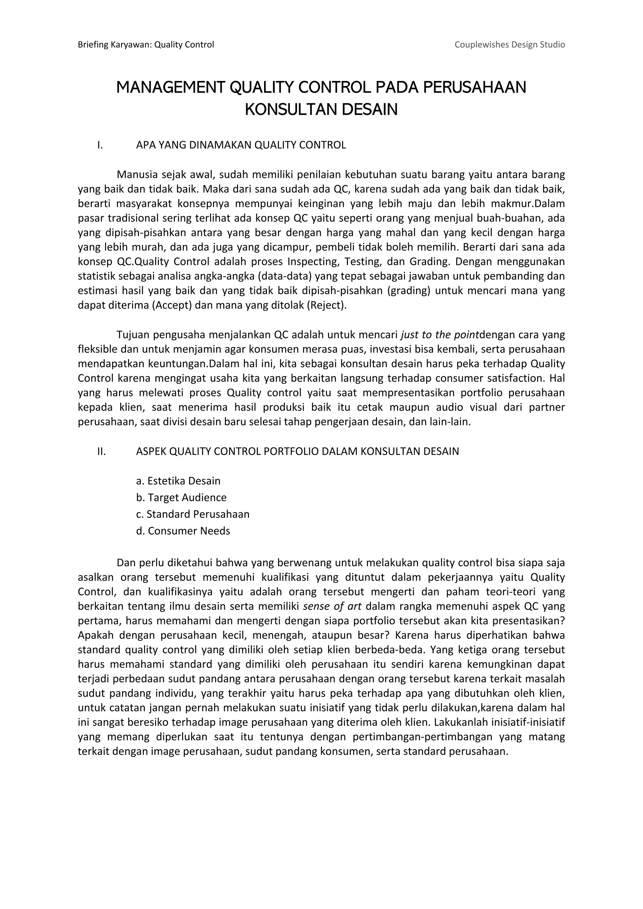 Management quality control pada perusahaan konsultan desain | PDF